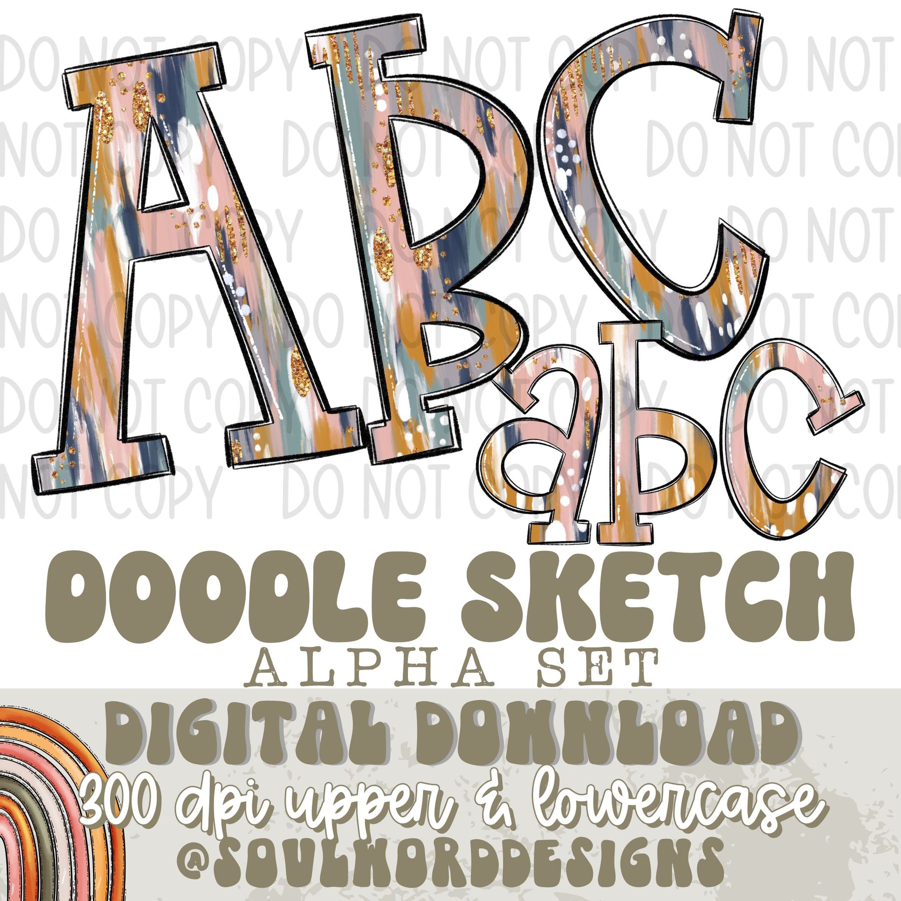 Gold Pastel Messy Brushstroke Doodle Sketch Alpha Set - DIGITAL DOWNLO ...
