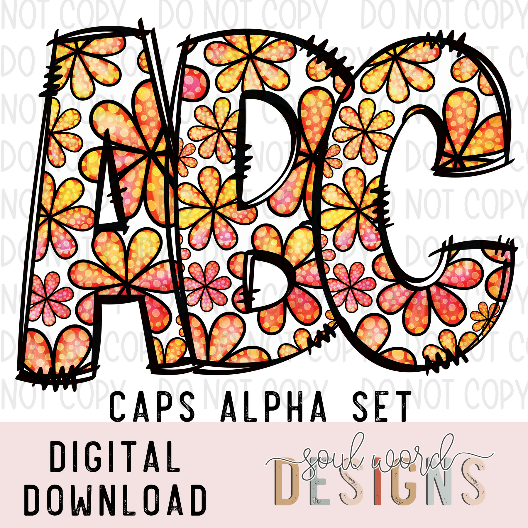Orange Floral Doodle Caps Alpha Set - DIGITAL DOWNLOAD – Olive Soul