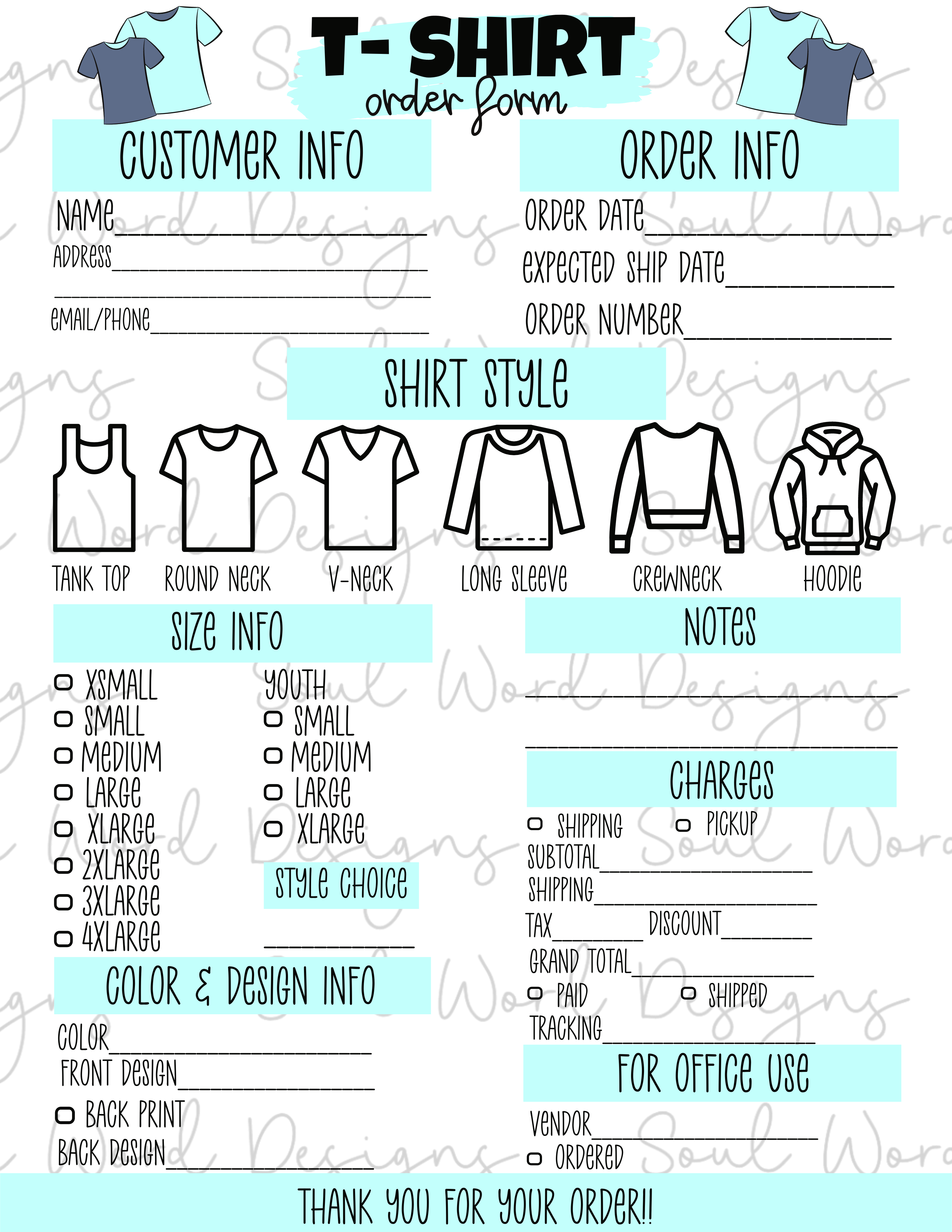 Tee Shirt Order Form Printable - DIGITAL FILES – Olive Soul